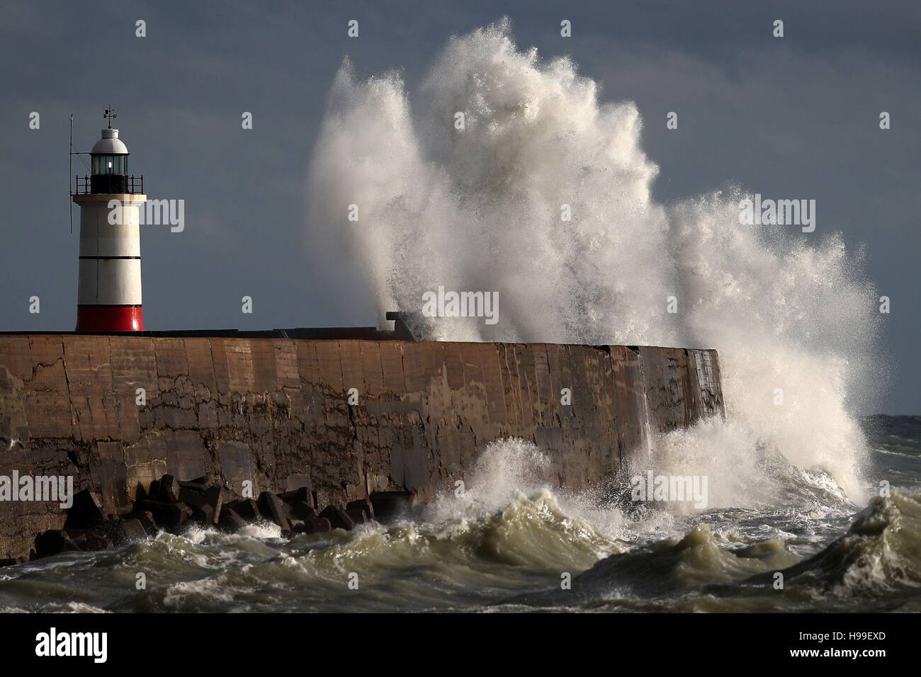 Waves crash into the wall at Newhaven in East Sussex, as Storm Angus ...