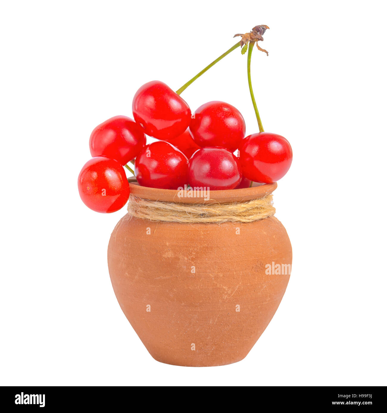 red ripe cherries in pot isolated on white background, close up Stock ...