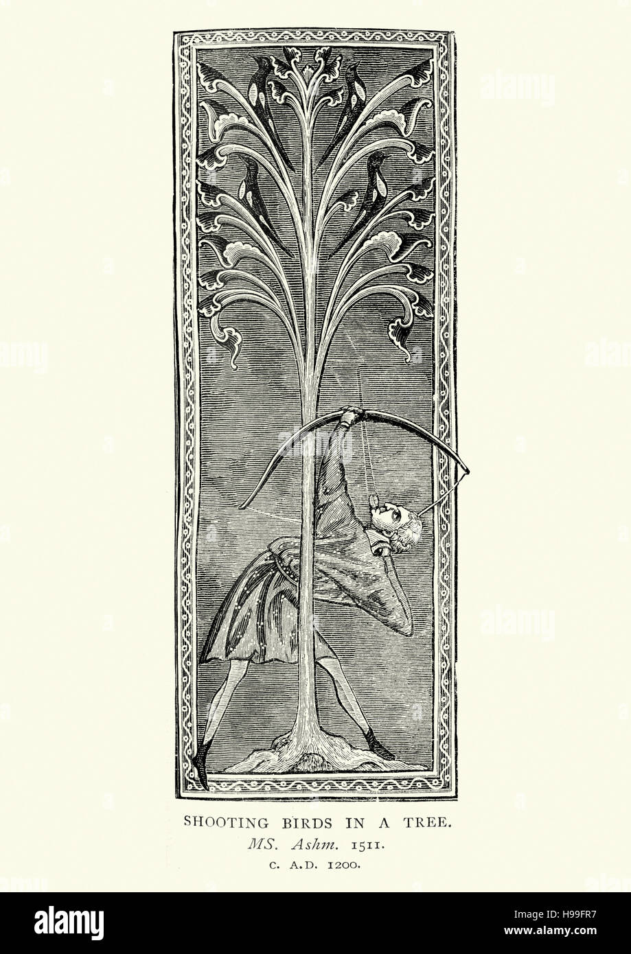 Medieval hunter shooting birds in a tree with a bow and arrow, c. 1200 ...