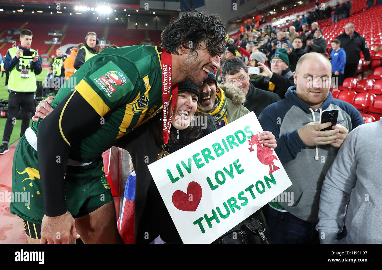 Australia's Jonathan Thurston poses for a photograph with a fan after ...