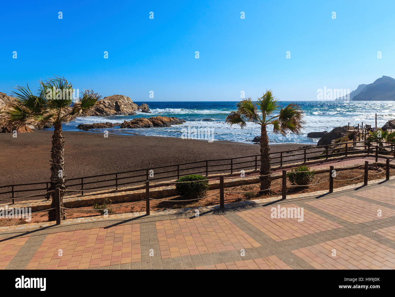 Mediterranean sea summer coastline view with sandy beach (Portman bay ...
