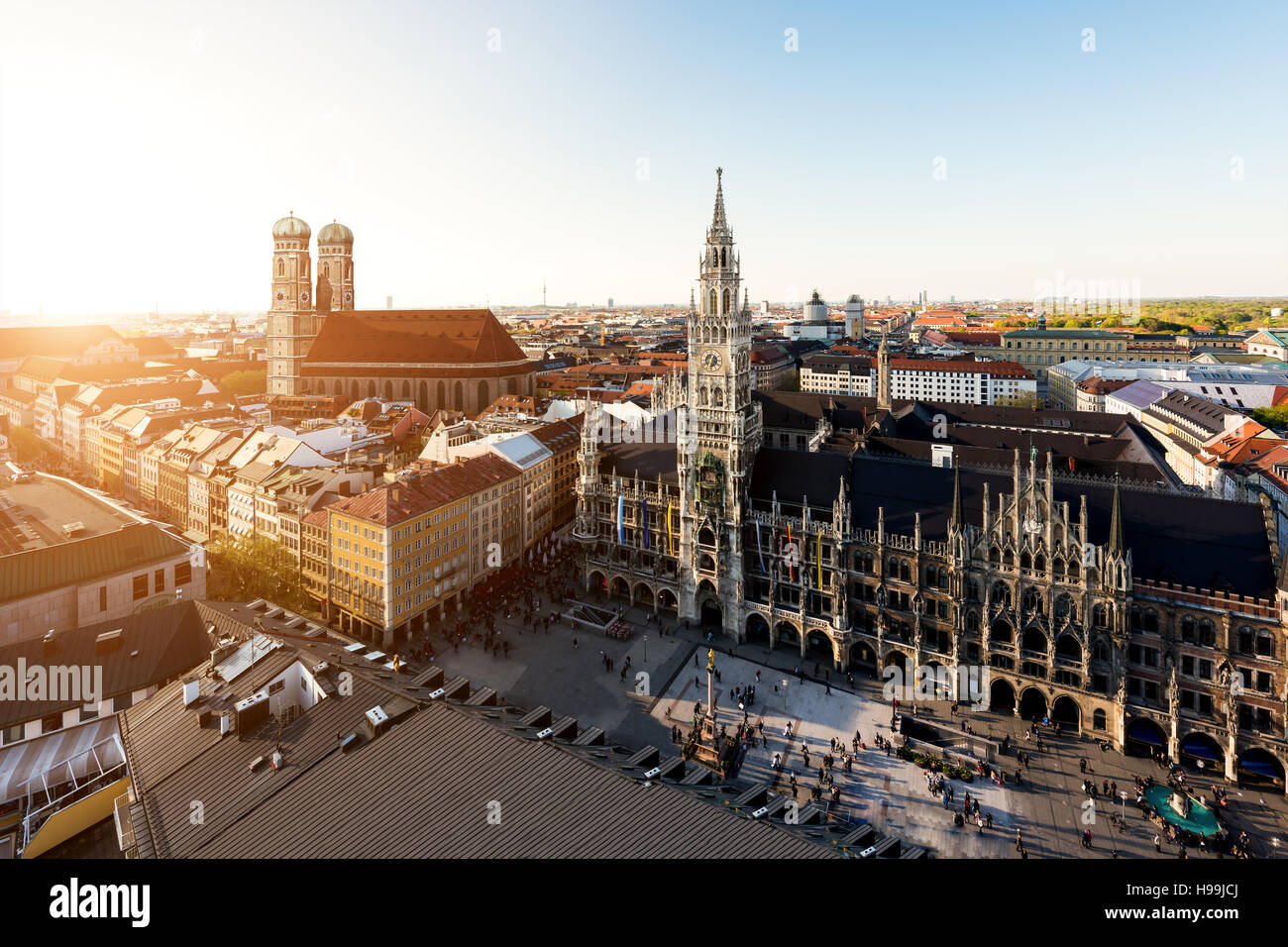 Aerial view on Munich old town hall or Marienplatz town hall and ...