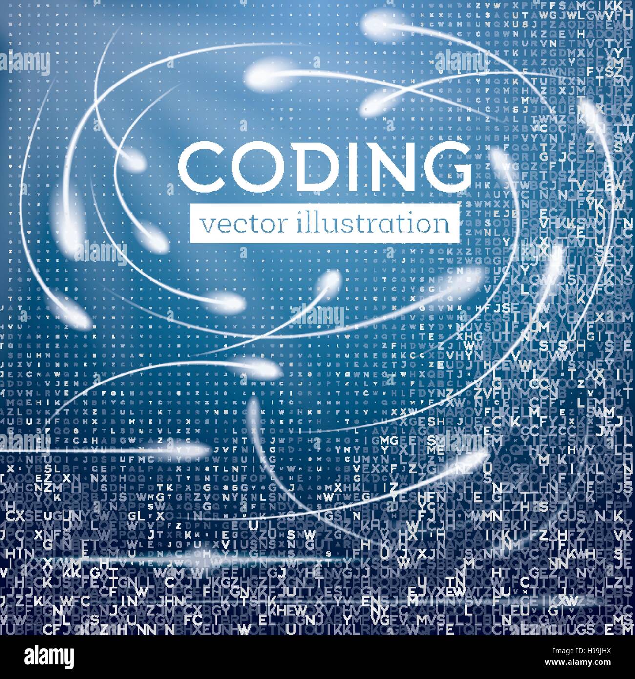 Abstract Blue Technology Background with Different Letters and Neon Lines. Hacker concept. Big ...