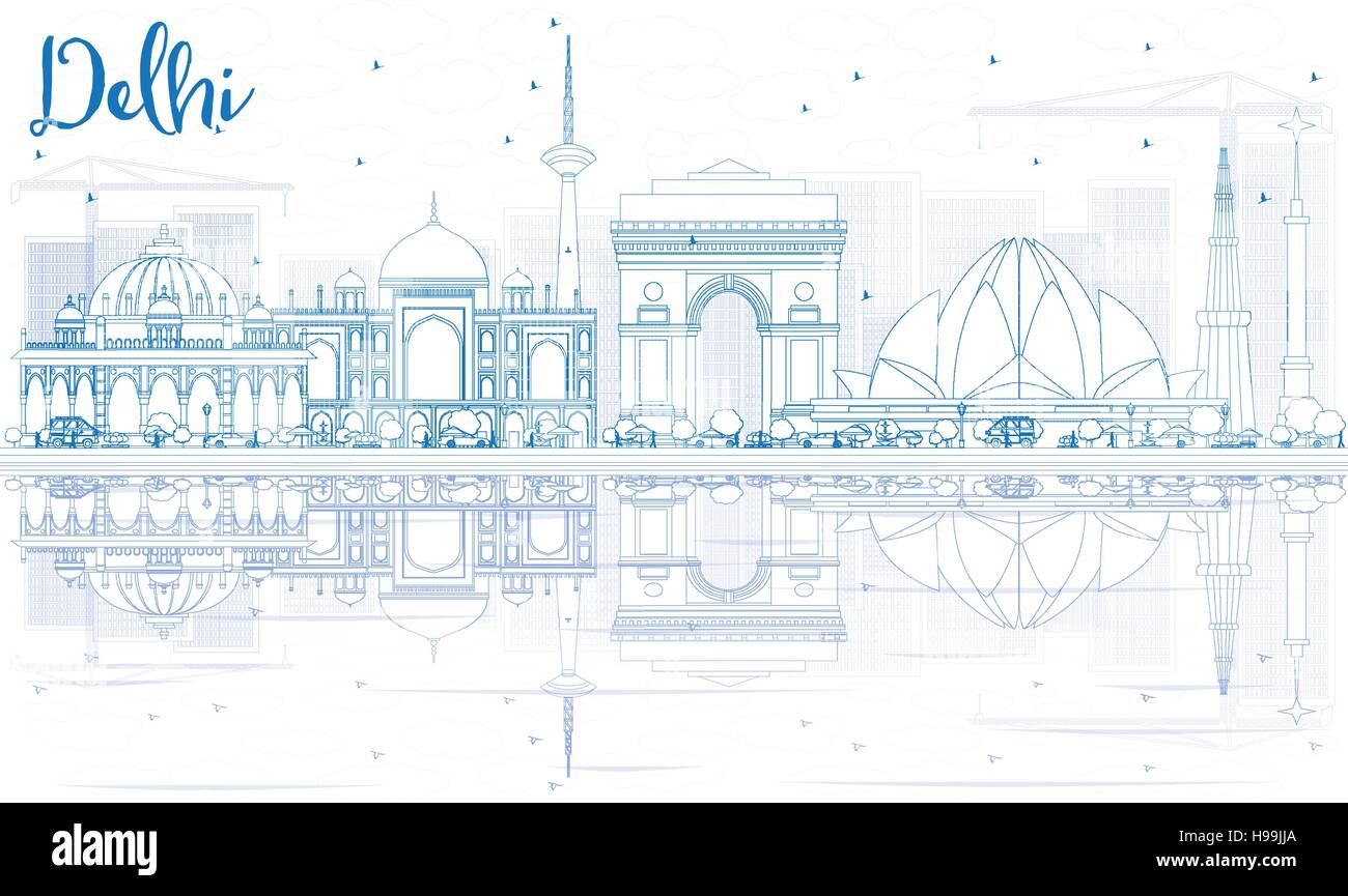 Outline Delhi Skyline with Blue Buildings and Reflections. Vector ...