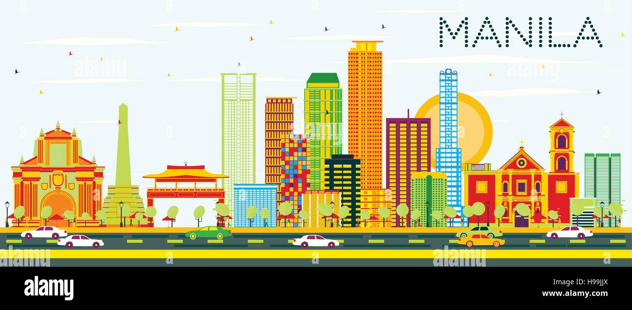 Manila Skyline with Color Buildings and Blue Sky. Vector Stock Vector ...