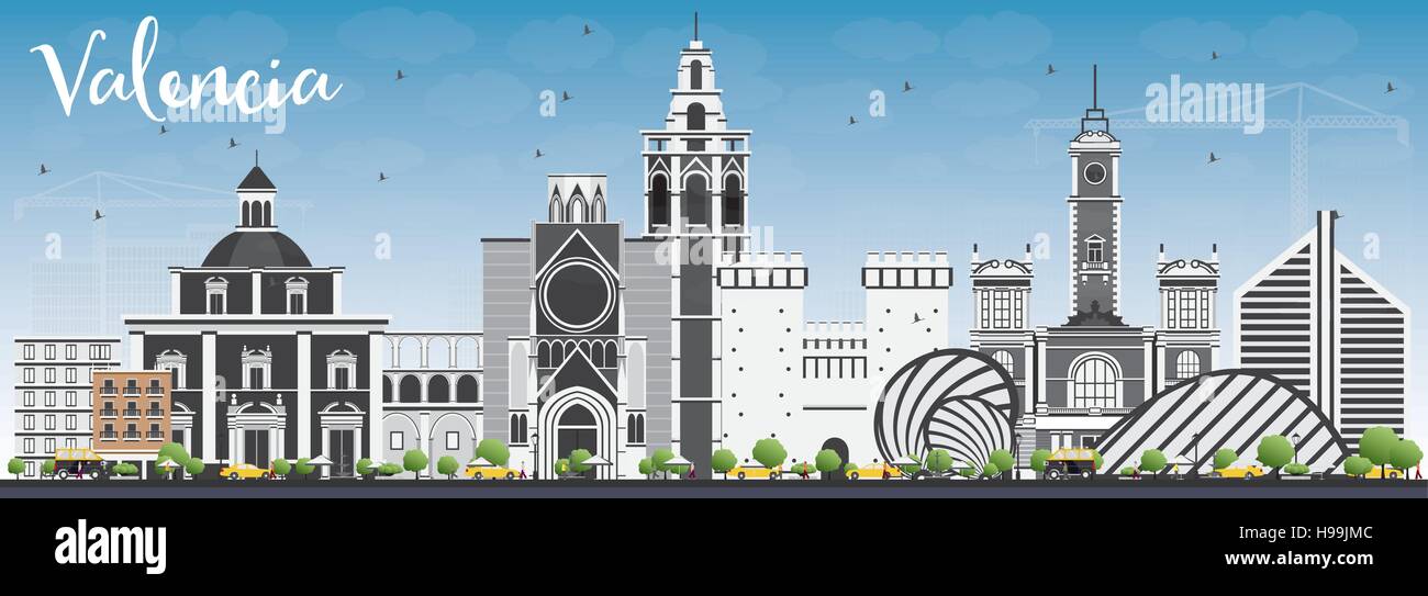 Valencia Skyline with Gray Buildings and Blue Sky. Vector Illustration ...