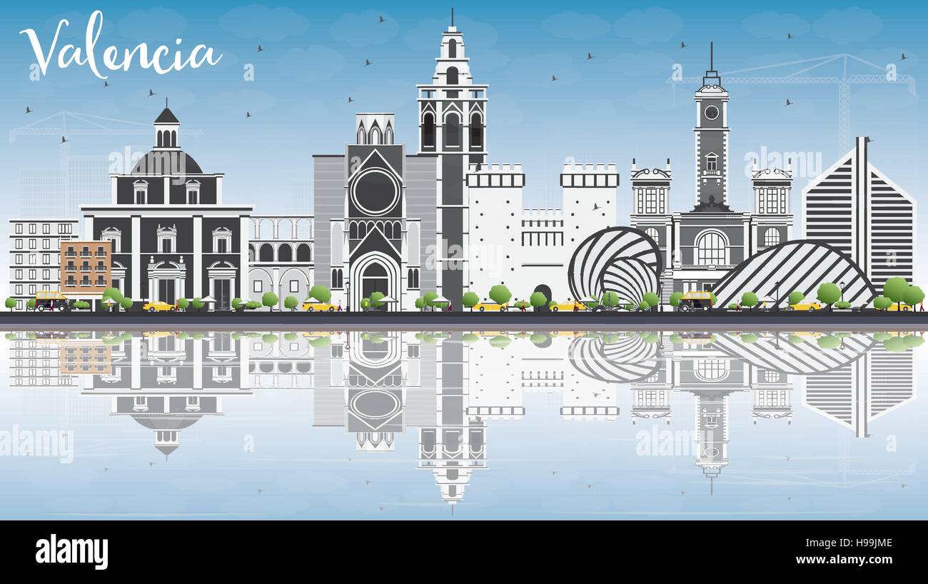 Valencia Skyline with Gray Buildings, Blue Sky and Reflections. Vector ...