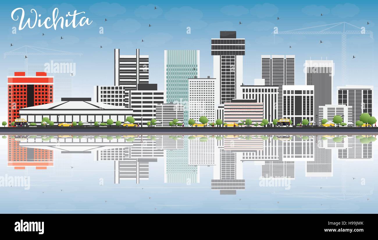 Wichita Skyline with Gray Buildings, Blue Sky and Reflections. Vector ...
