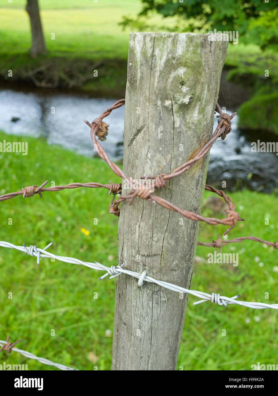Barbed wire on wooden fence post UK Stock Photo - Alamy