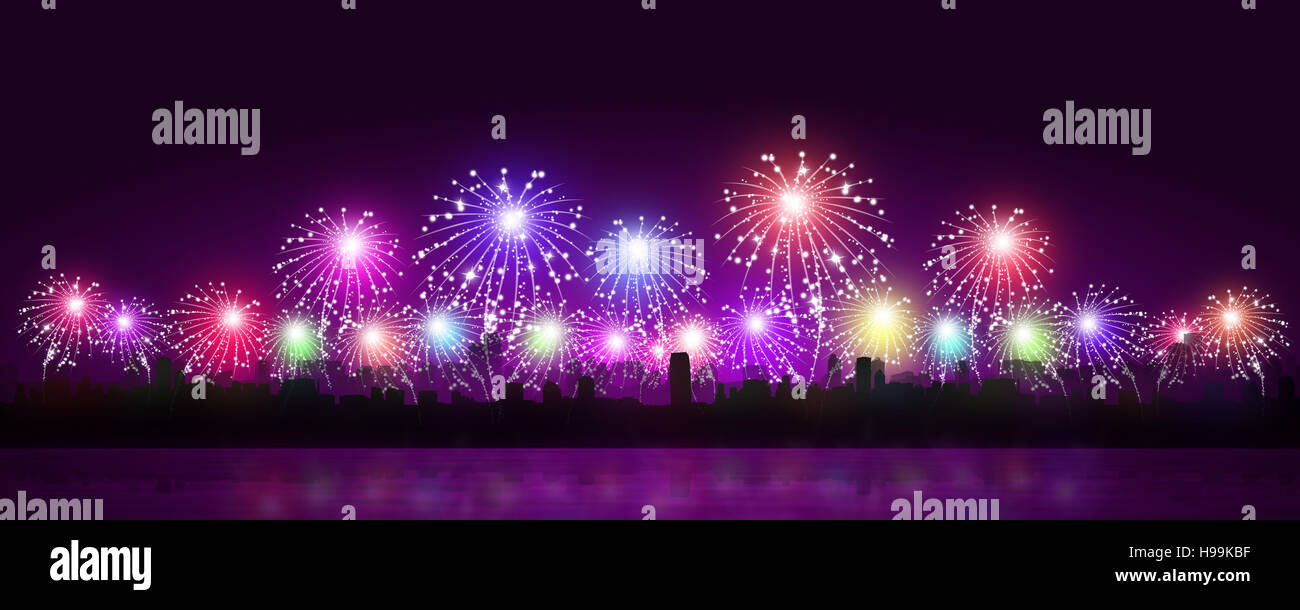 holiday multicolor fireworks in the city at night Stock Photo - Alamy