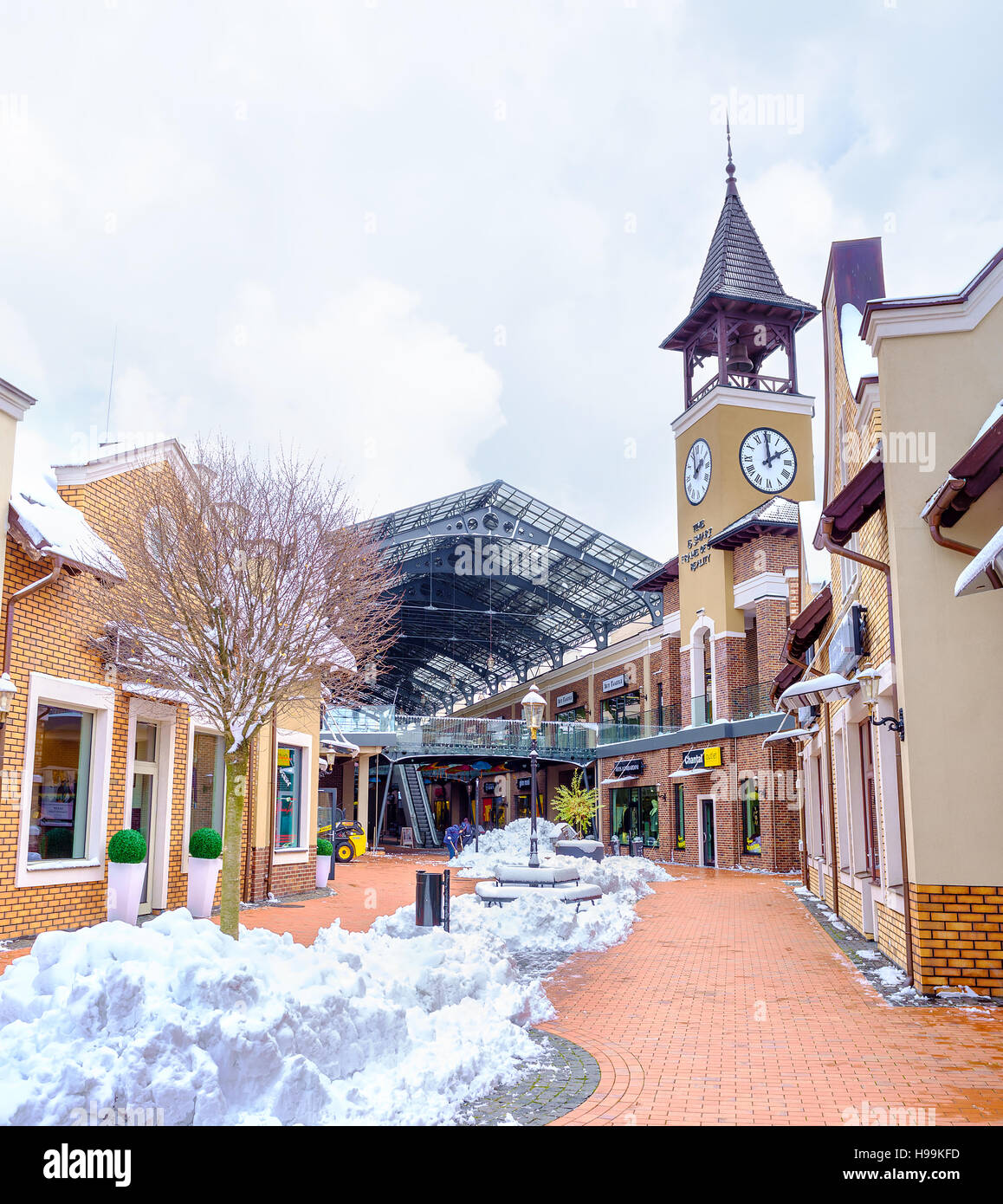 The winter view of the Dutch style outlet city with the covered gallery ...
