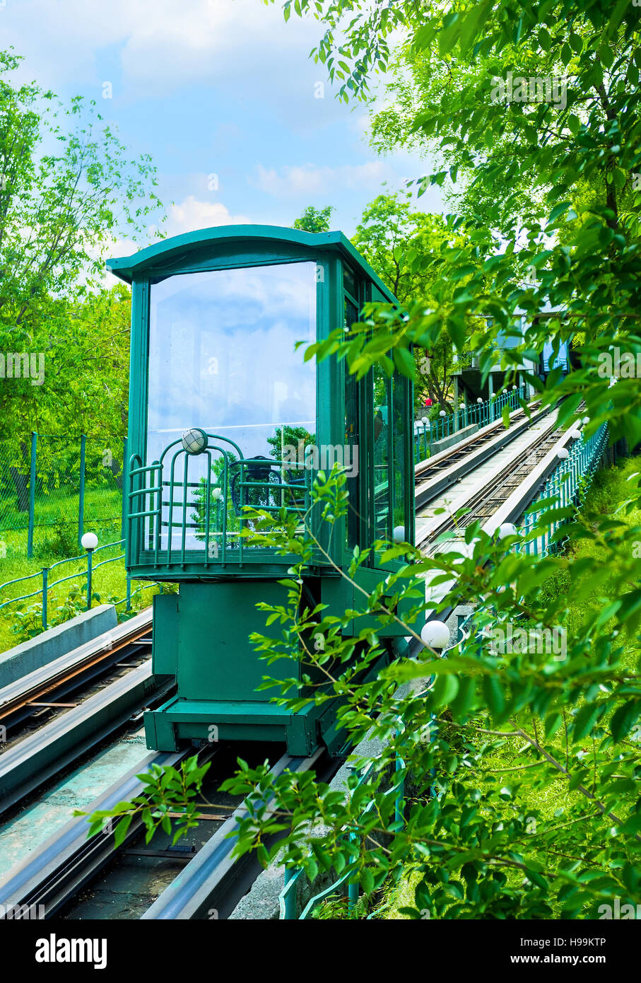 The modern funicular cabins are going on the historical place in Odessa ...