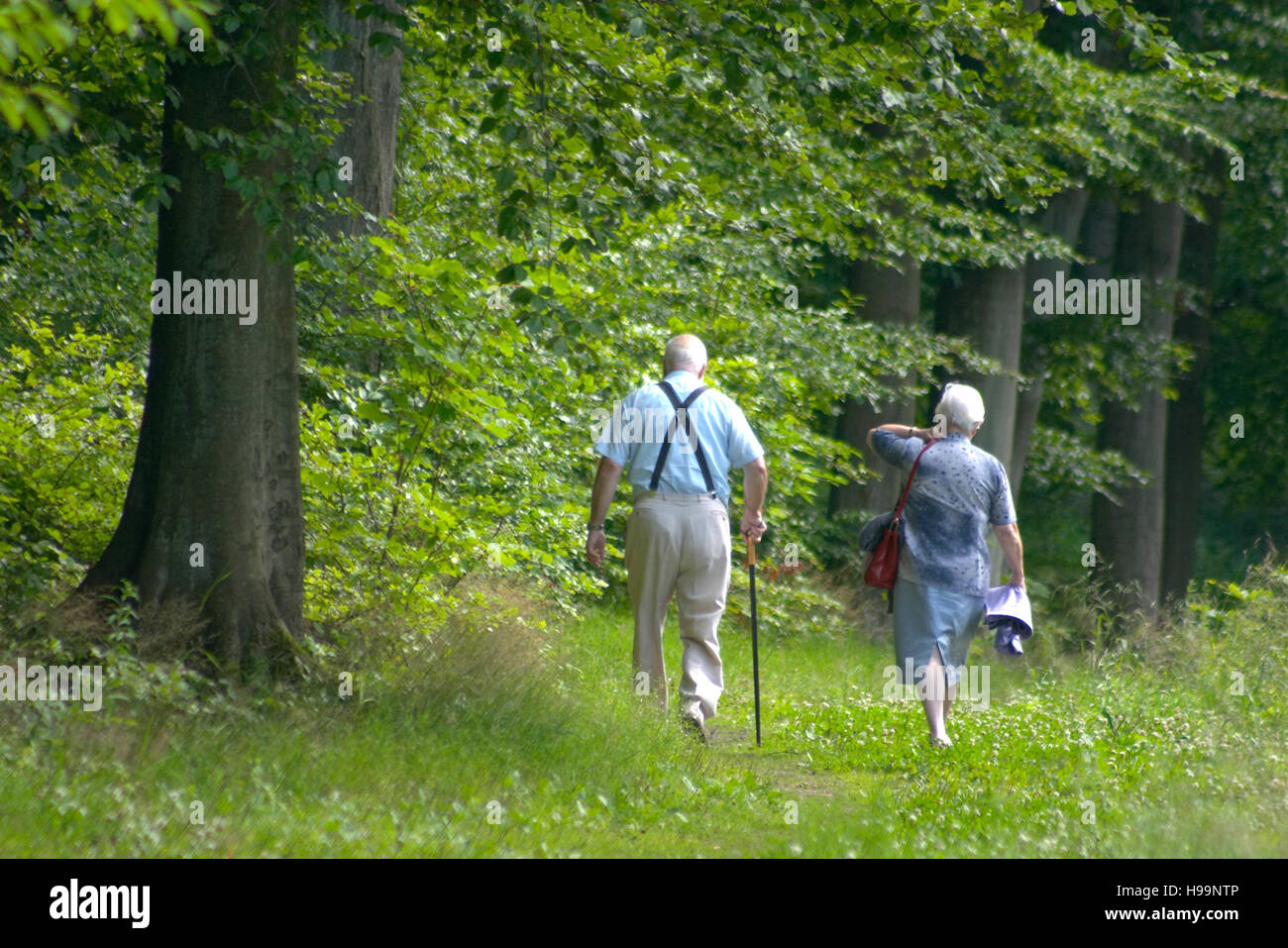 Two old persons / couple in a forest path Stock Photo - Alamy