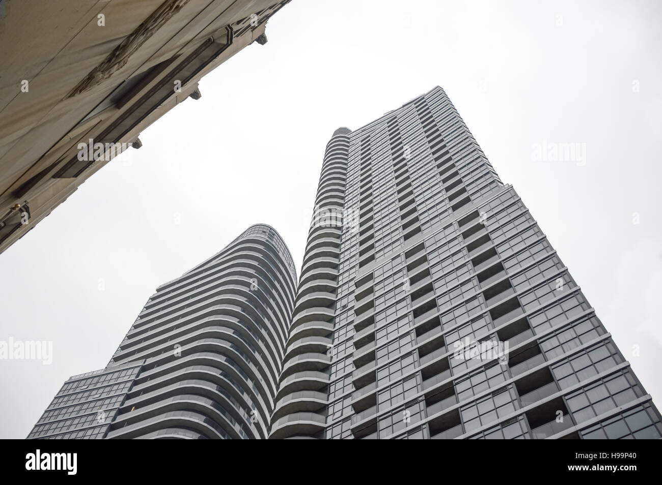 Facade of black glass skyscrapers in Toronto downtown at low angle ...