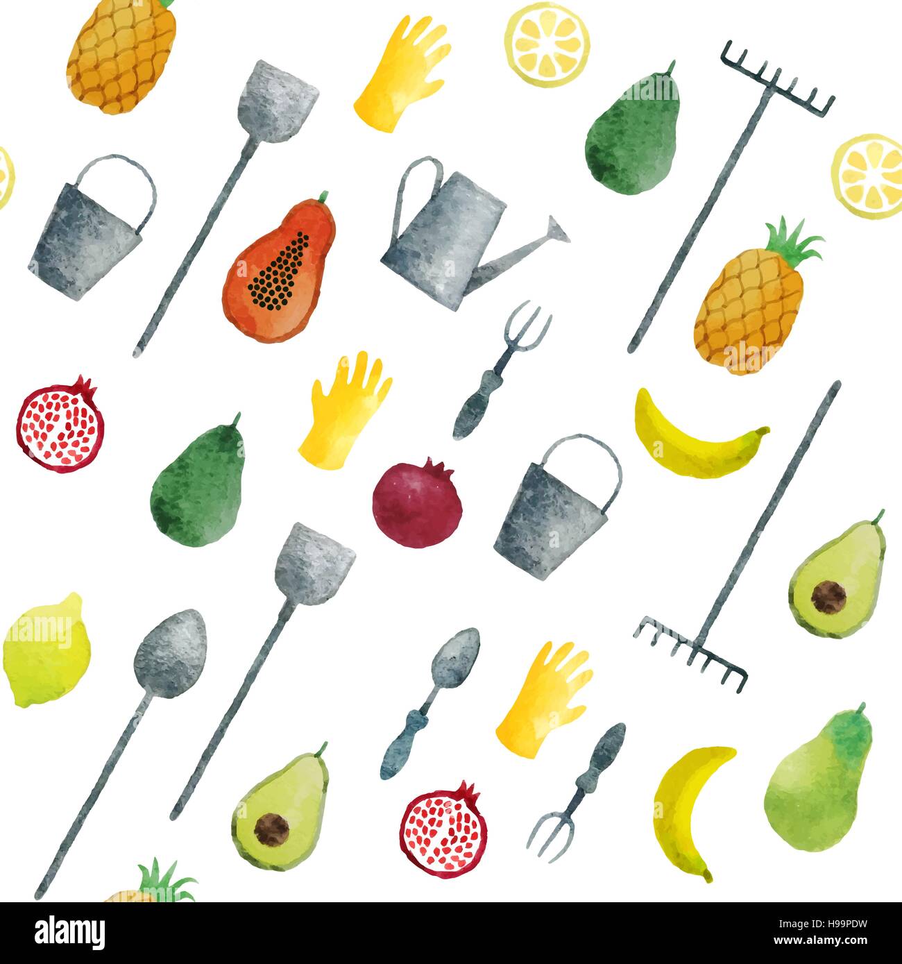 Watercolor vector pattern of cute fruits and garden tools. Seamless ...