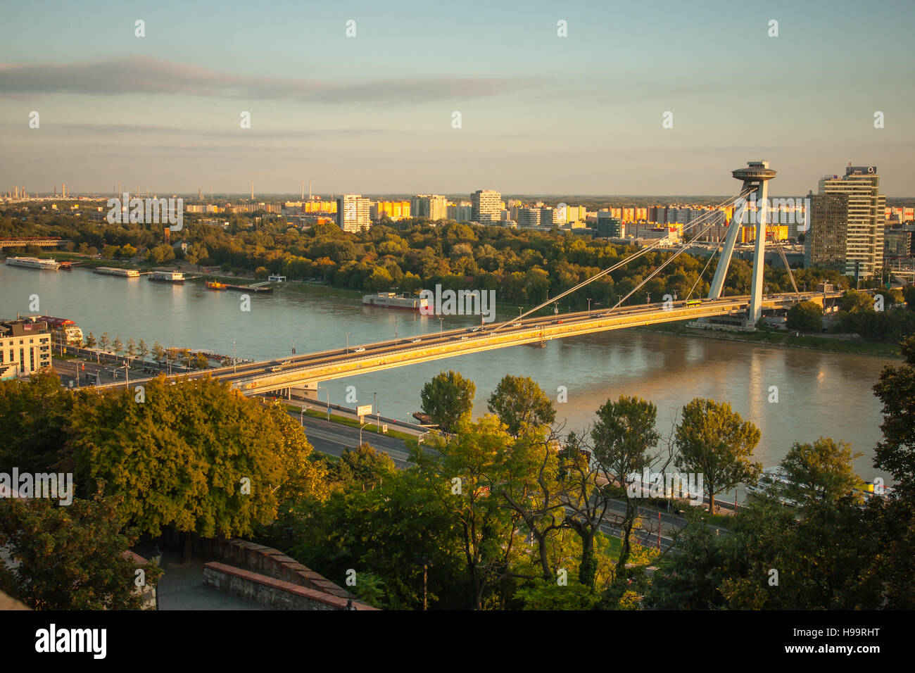 View of Danube River and SNP Bridge in Bratislava, Slovakia Stock Photo ...