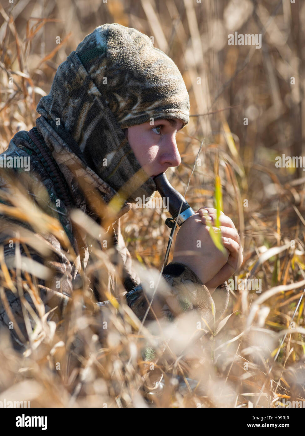 A young hunter blowing a duck and goose call Stock Photo - Alamy