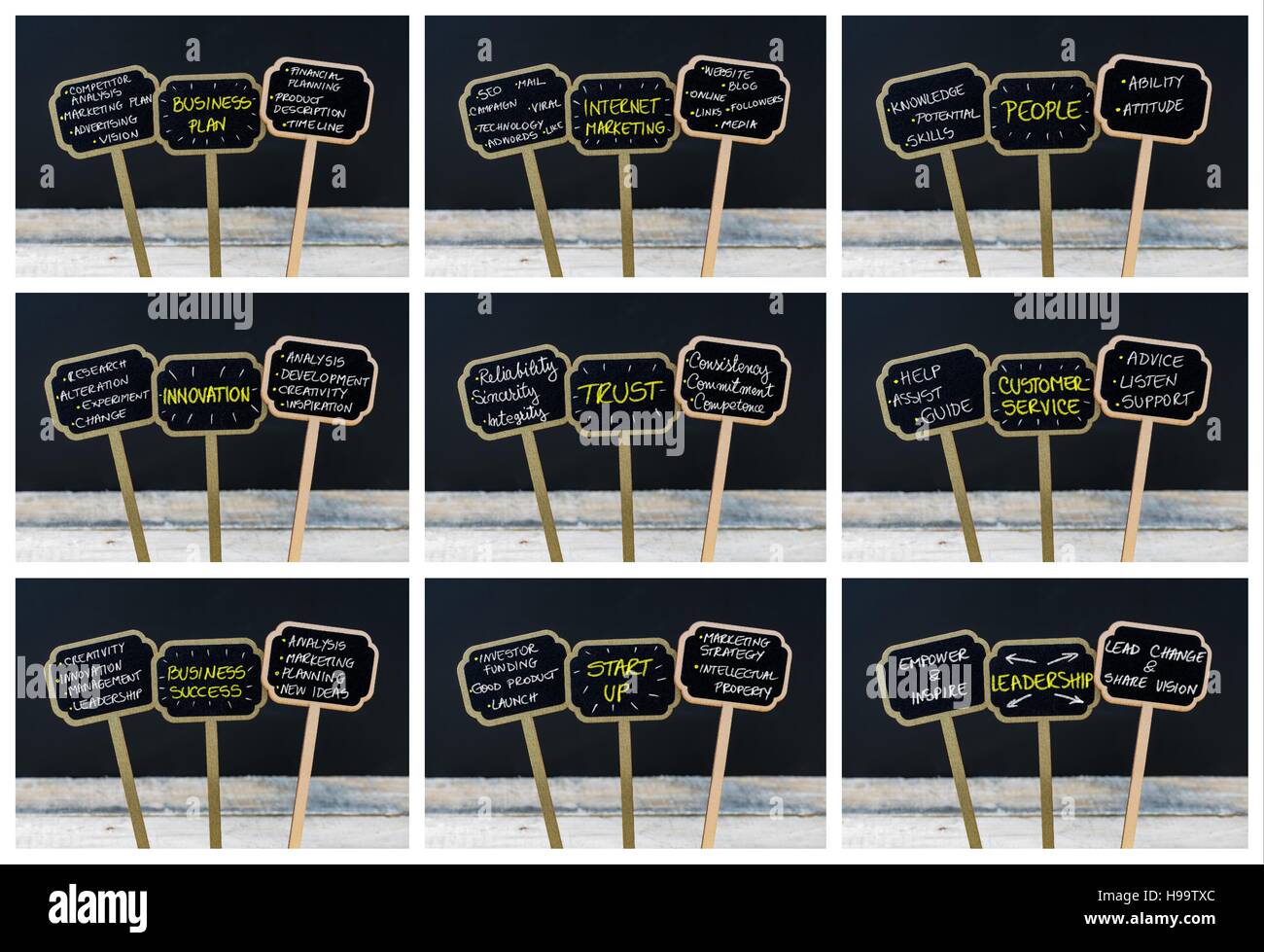 Photo collage of concept messages written with chalk on wooden mini blackboard labels and light ...