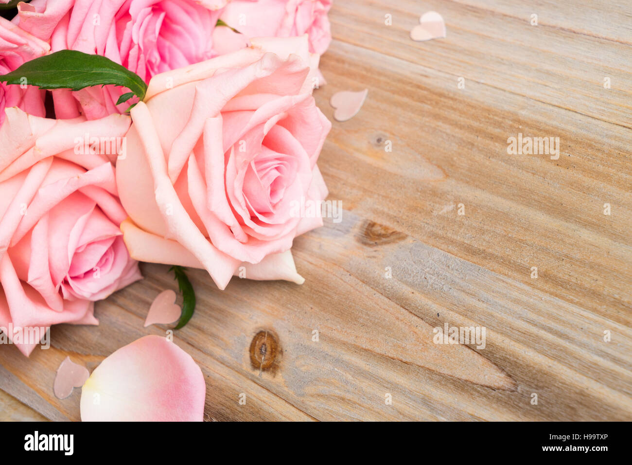 Pink blooming roses on wood Stock Photo - Alamy