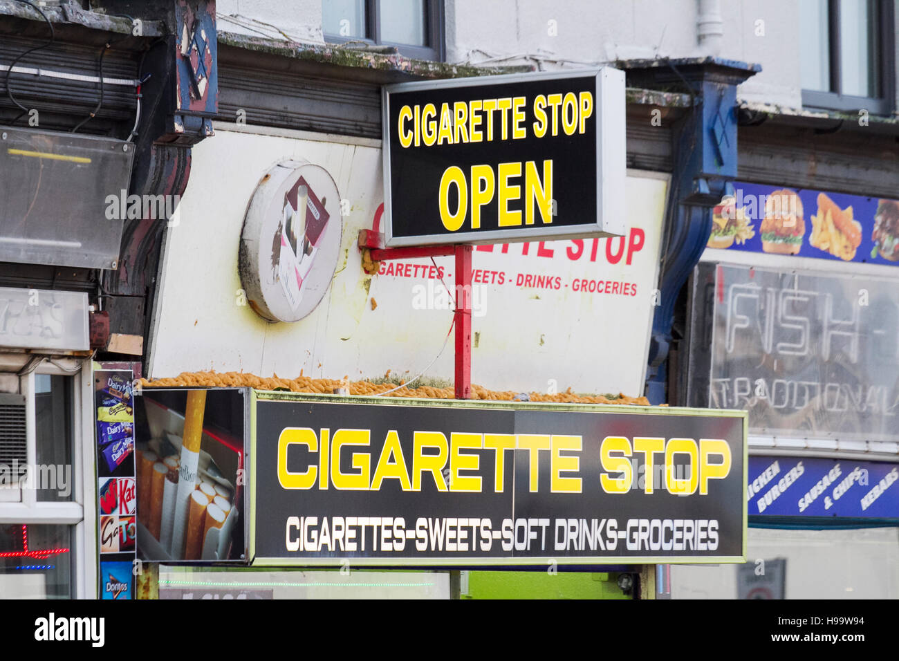 Newsagents cigarette shop sign, Blackpool, Lancashire, UK Stock Photo ...