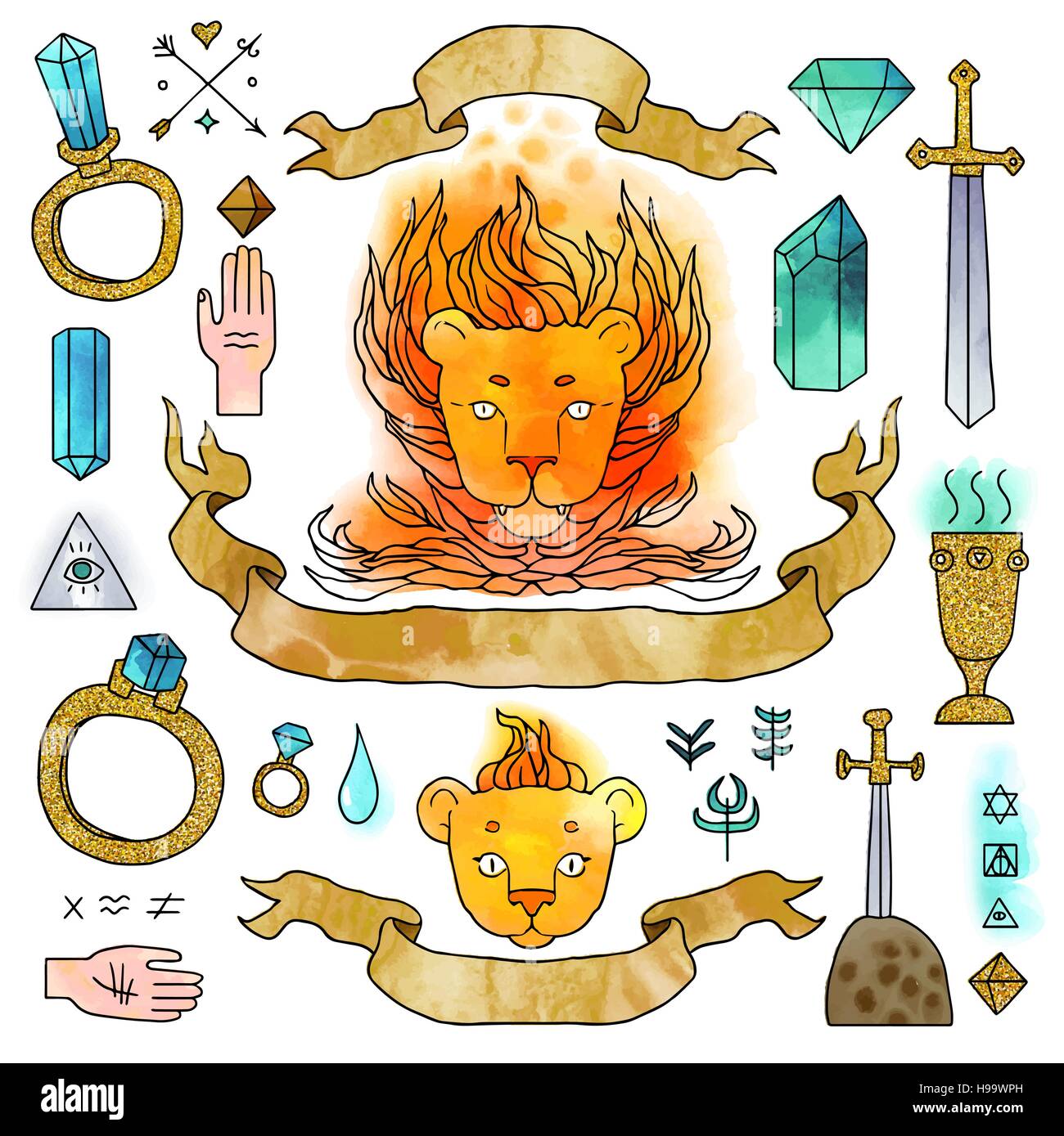 Vector. Set of hand drawn elements with watercolor effect and black ...