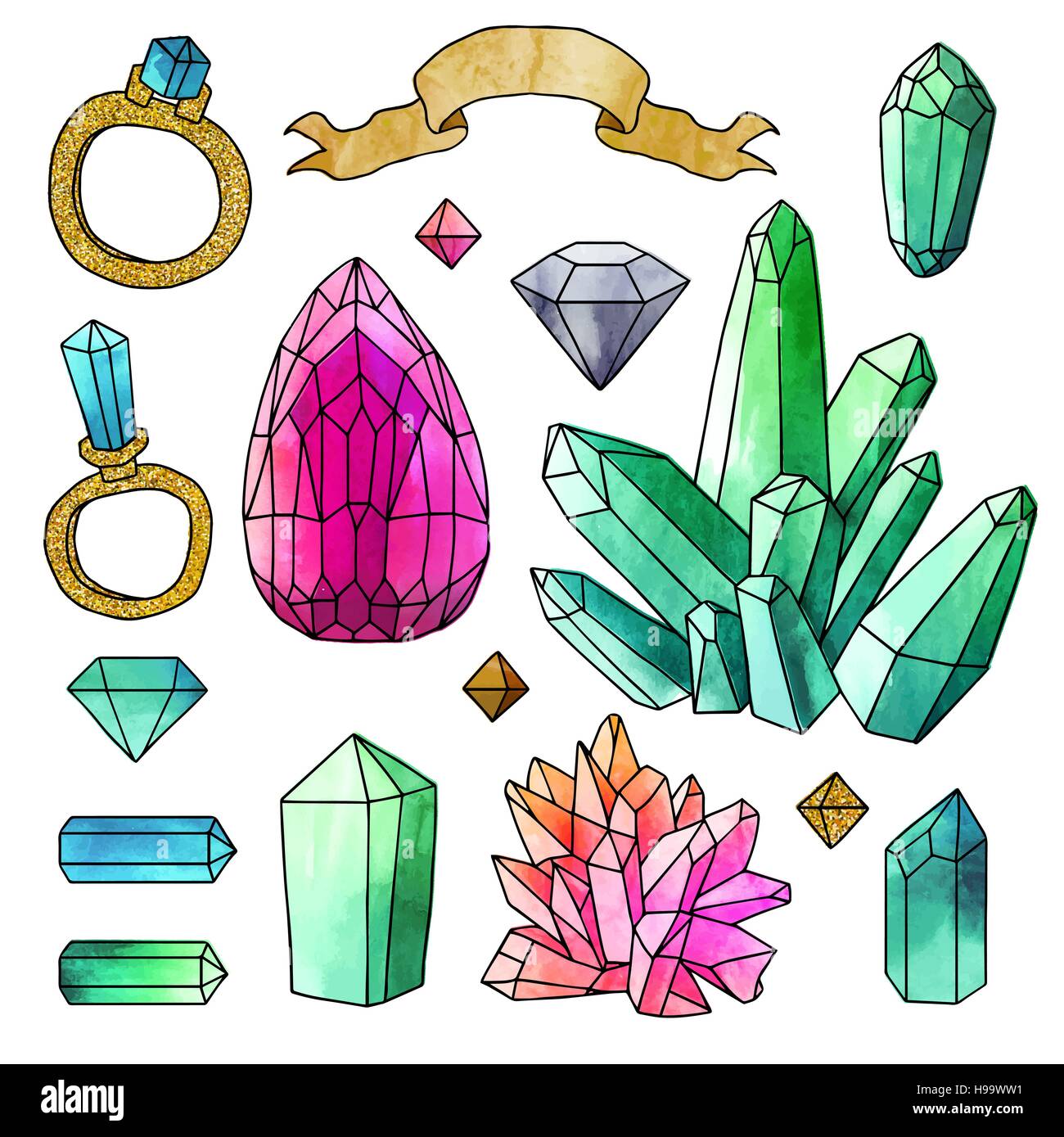 Vector. Set of hand drawn elements with watercolor effect and black ...