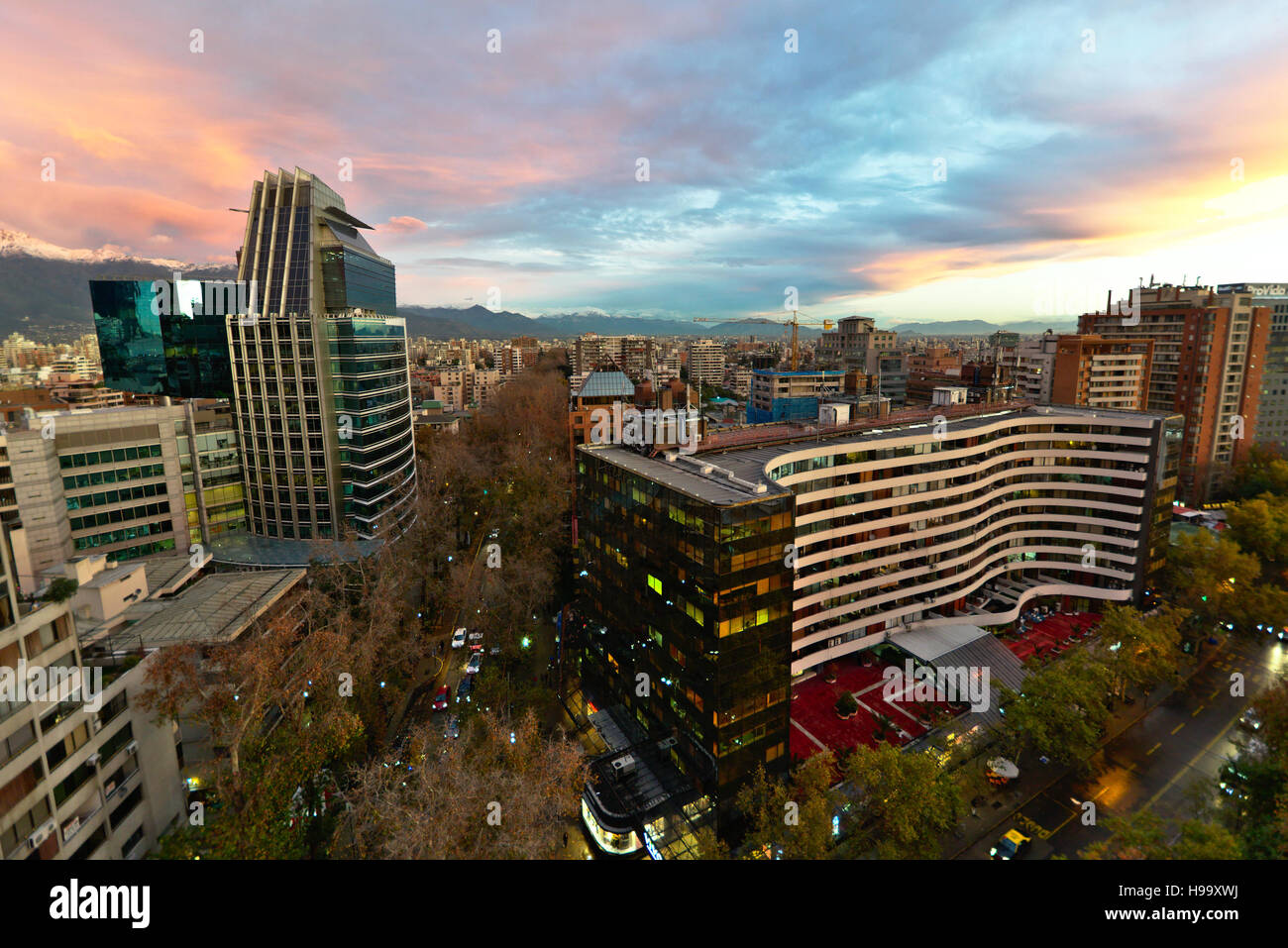 Santiago, Chile buildings and streets seen from the top of a skyscraper ...