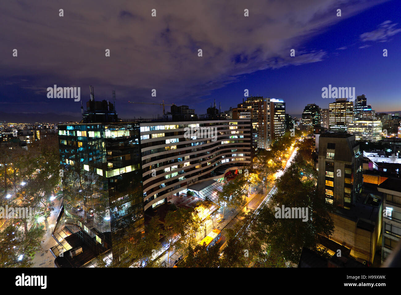 Santiago, Chile buildings and streets seen from the top of a skyscraper ...
