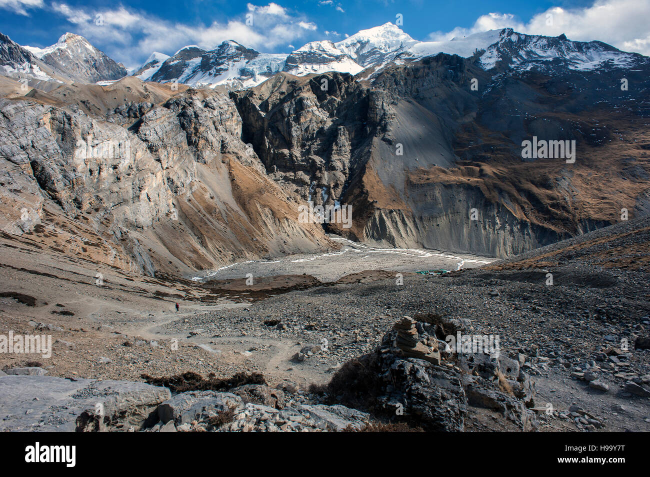 Looking down towards Thorung Phedi, the foot of the Thorung Pass on the ...