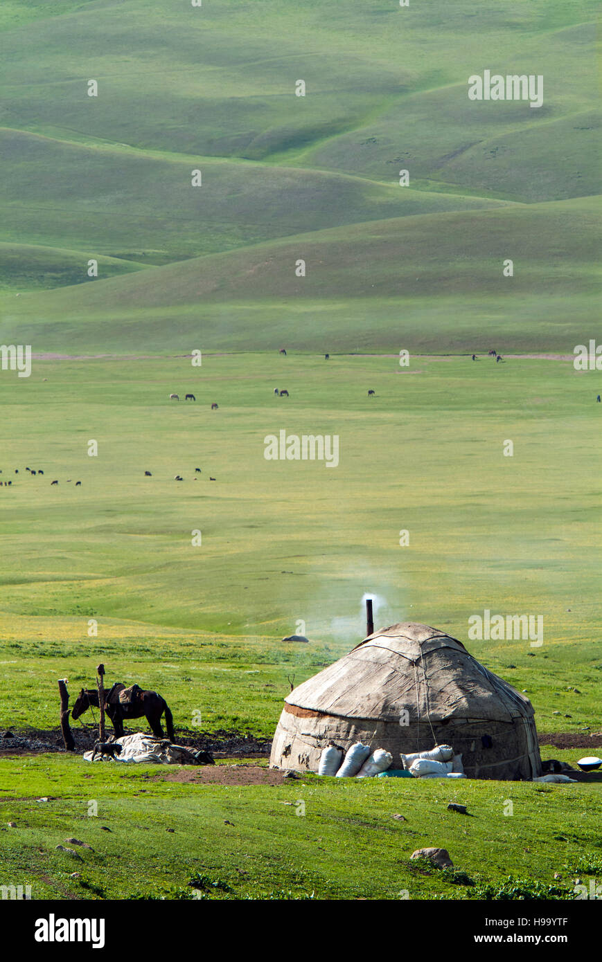 A shepherd camp in the jailoo- summer pastures- in central Kyrgyzstan ...