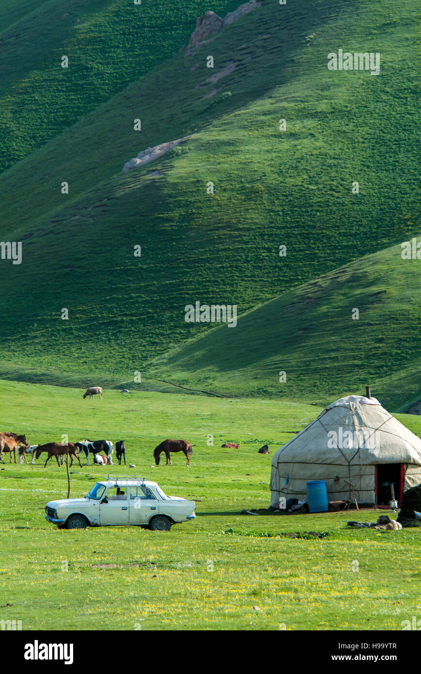 A shepherd's camp in the jailoo- summer pastures- of central Kyrgyzstan ...