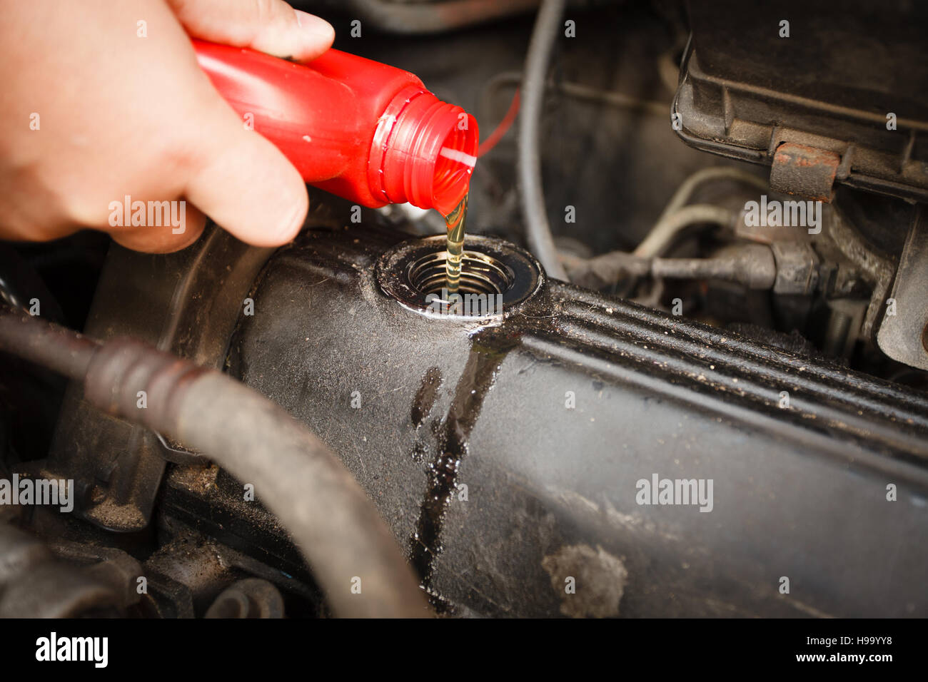 Car servicing mechanic pouring oil to engine. Closeup of fresh oil ...