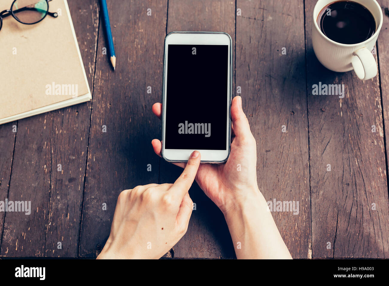 Close up of women hand holding phone with blank copy space screen for ...