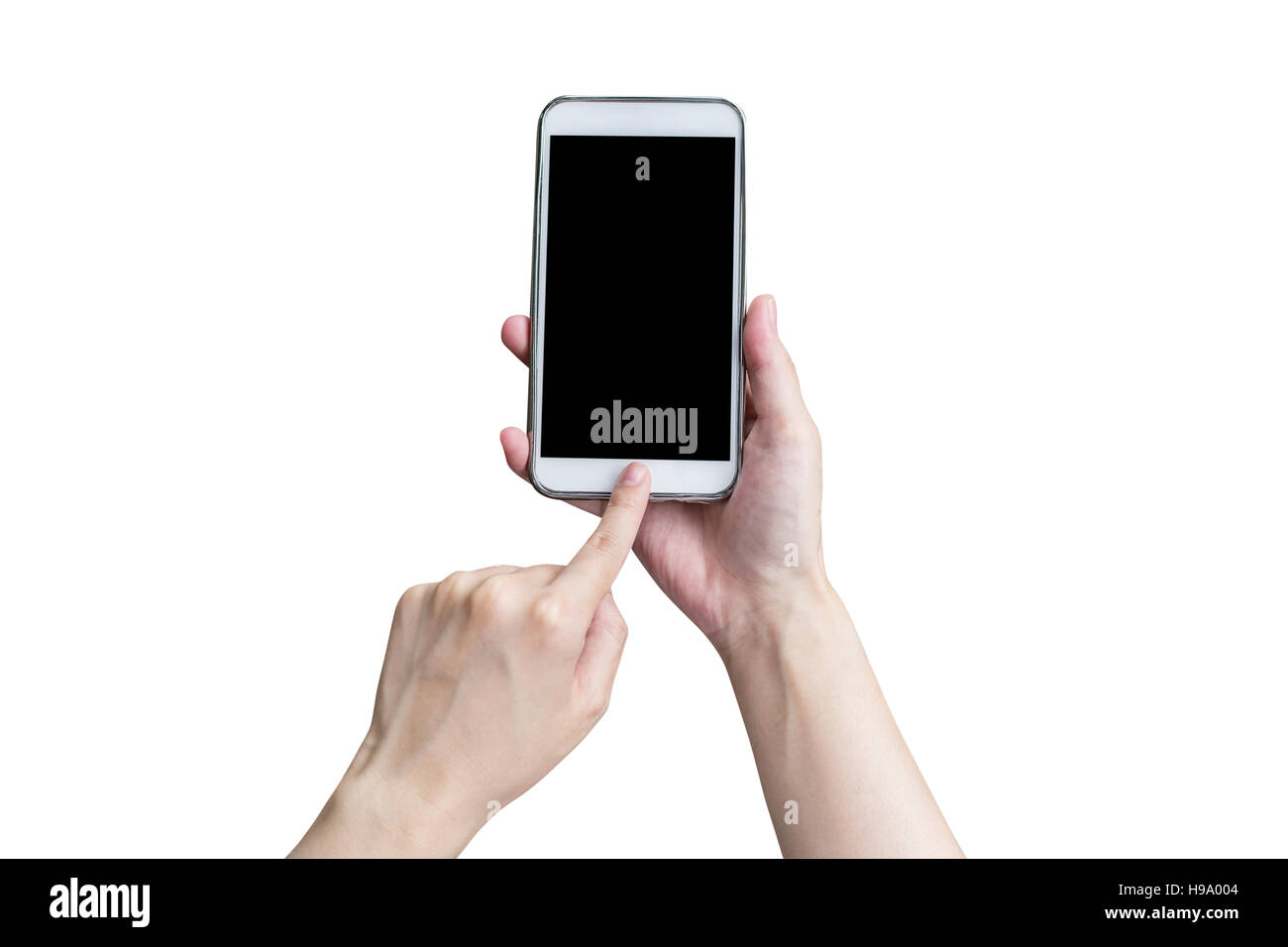 Hand using phone on isolated white. Woman hand touching phone on ...