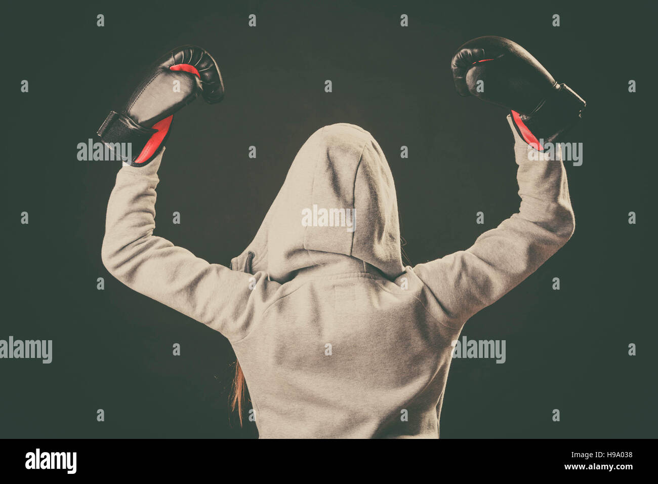 Sportsmanship and strong body. Win fight with opponent. Young woman ...