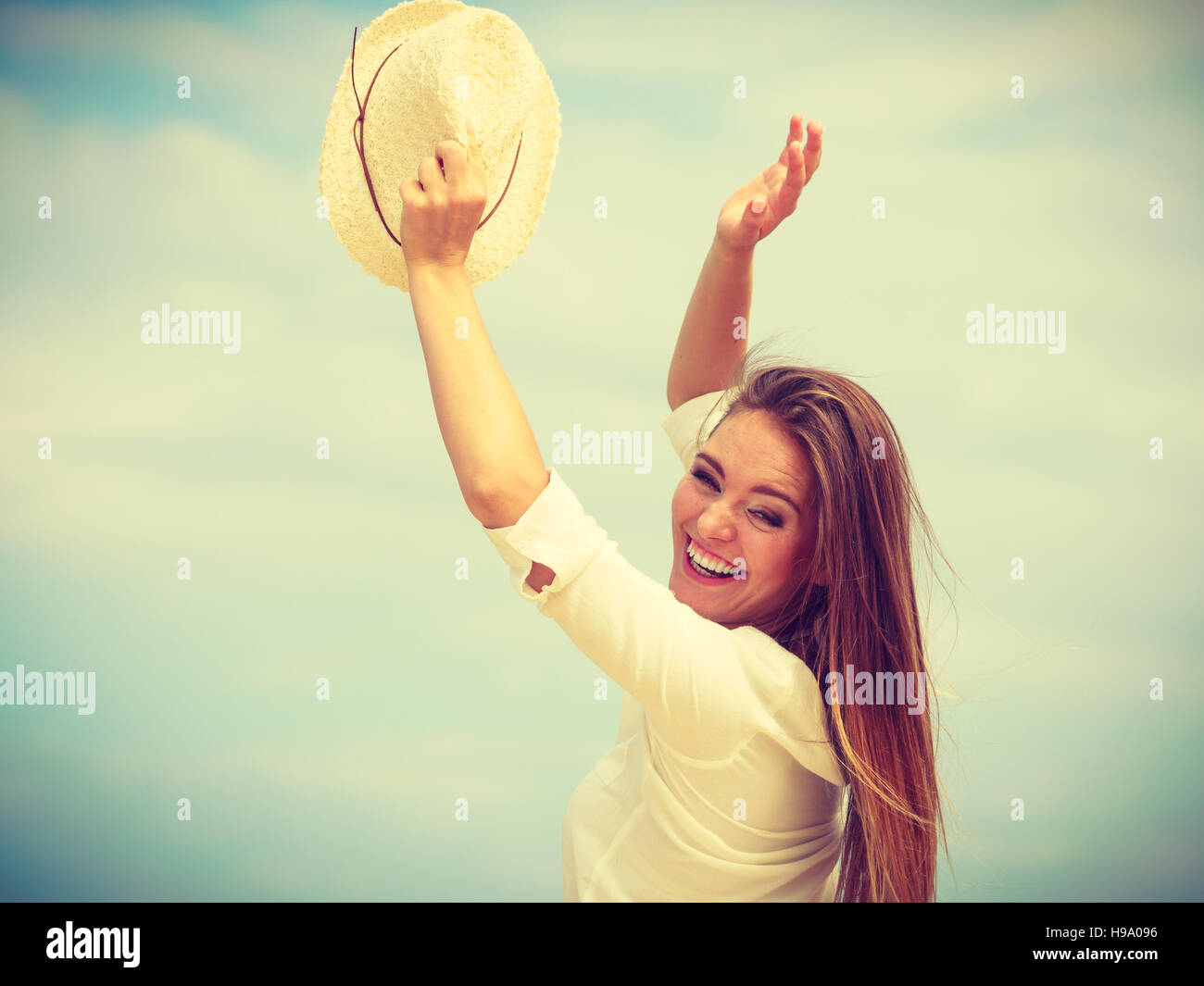 Happiness and craziness. Smiling crazy girl have fun outdoor. Young ...