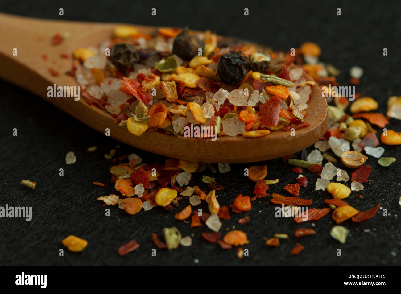 Spoon with different spices on the black background Stock Photo - Alamy