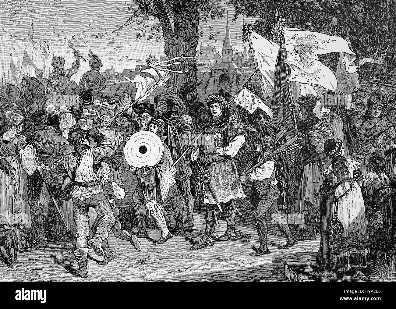 A marksmen's festival n Germany in the Middle Ages, historical ...