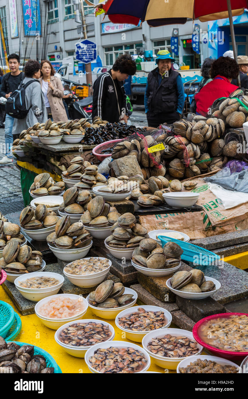 BUSAN - OCTOBER 27, 2016: Fresh fish and seafood at Jagalchi Fish ...