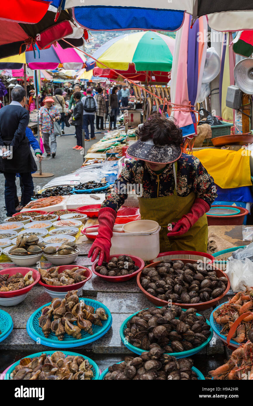 BUSAN - OCTOBER 27, 2016: Fresh fish and seafood at Jagalchi Fish ...