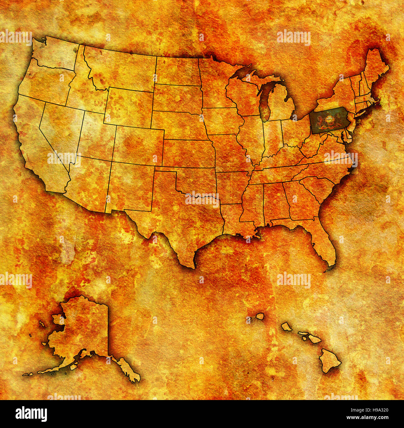 pennsylvania on old vintage map of usa with state borders Stock Photo ...