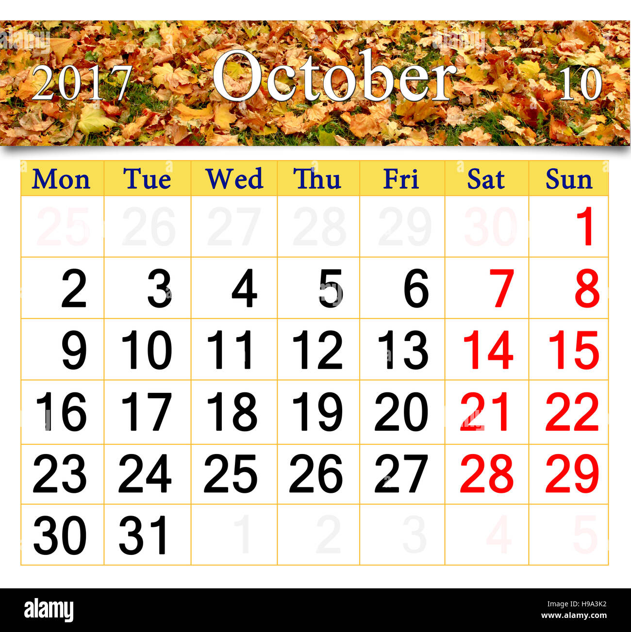 calendar for October 2017 with the image of yellow maple leaves Stock ...