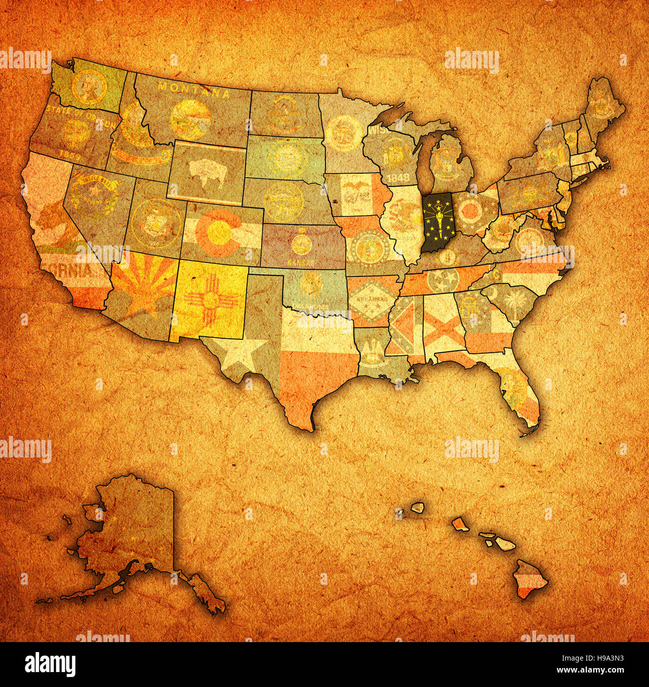 indiana on old vintage map of usa with state borders Stock Photo - Alamy
