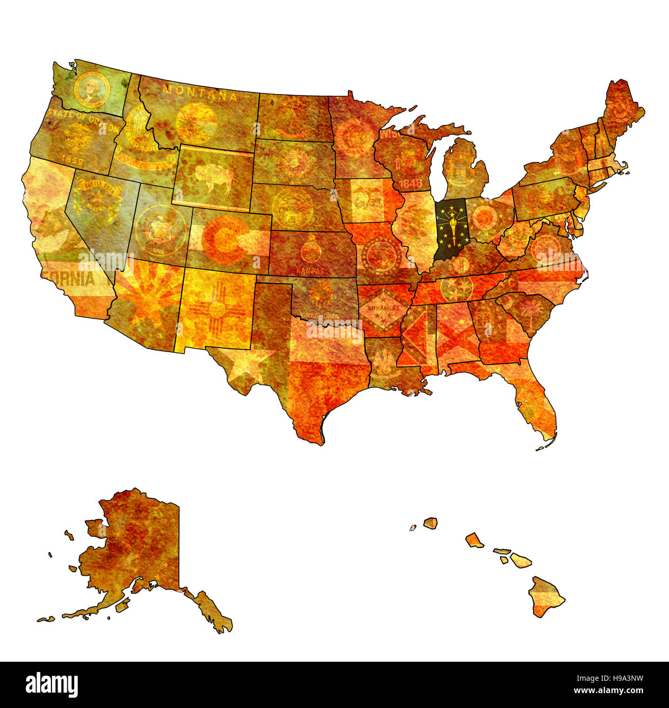 indiana on old vintage map of usa with state borders Stock Photo - Alamy