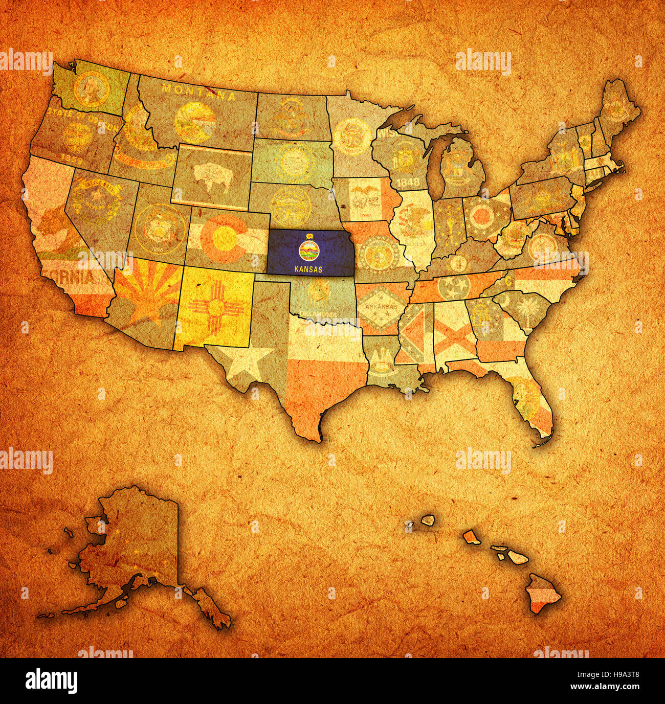 kansas on old vintage map of usa with state borders Stock Photo - Alamy