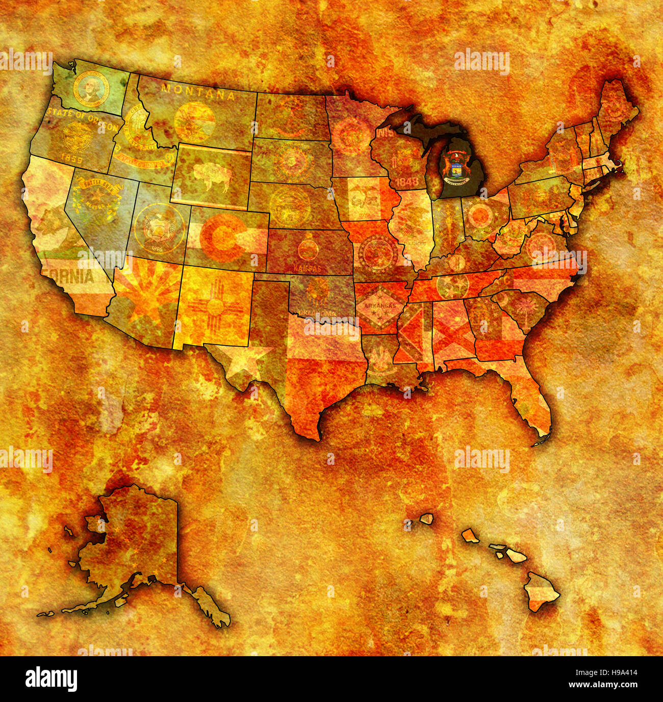michigan on old vintage map of usa with state borders Stock Photo - Alamy