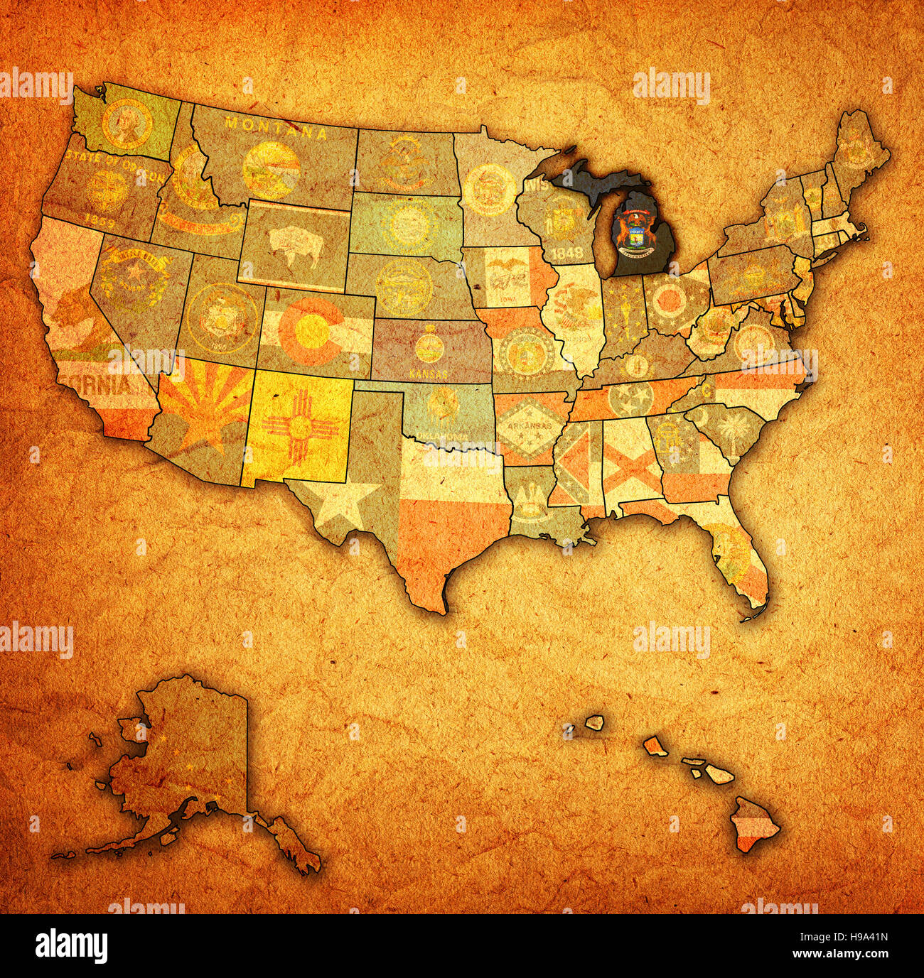 michigan on old vintage map of usa with state borders Stock Photo - Alamy