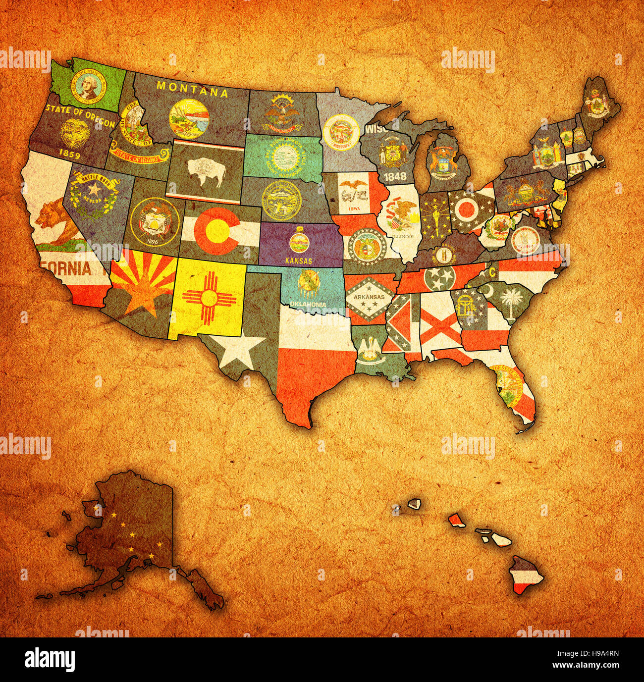 state flags on old vintage map of usa with state borders Stock Photo ...