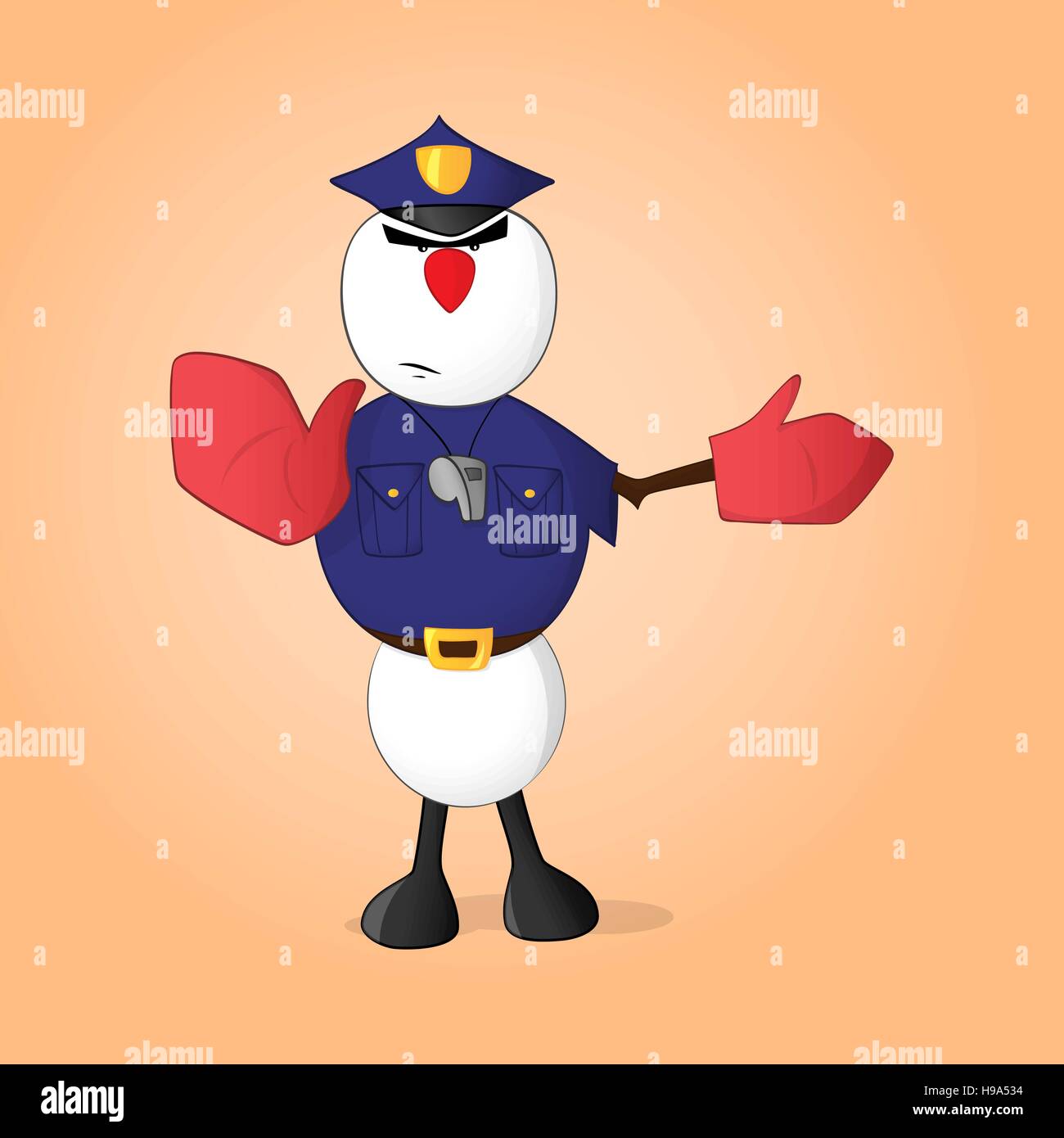 Snowman policeman with whistle showing gesture to stop and move to the ...