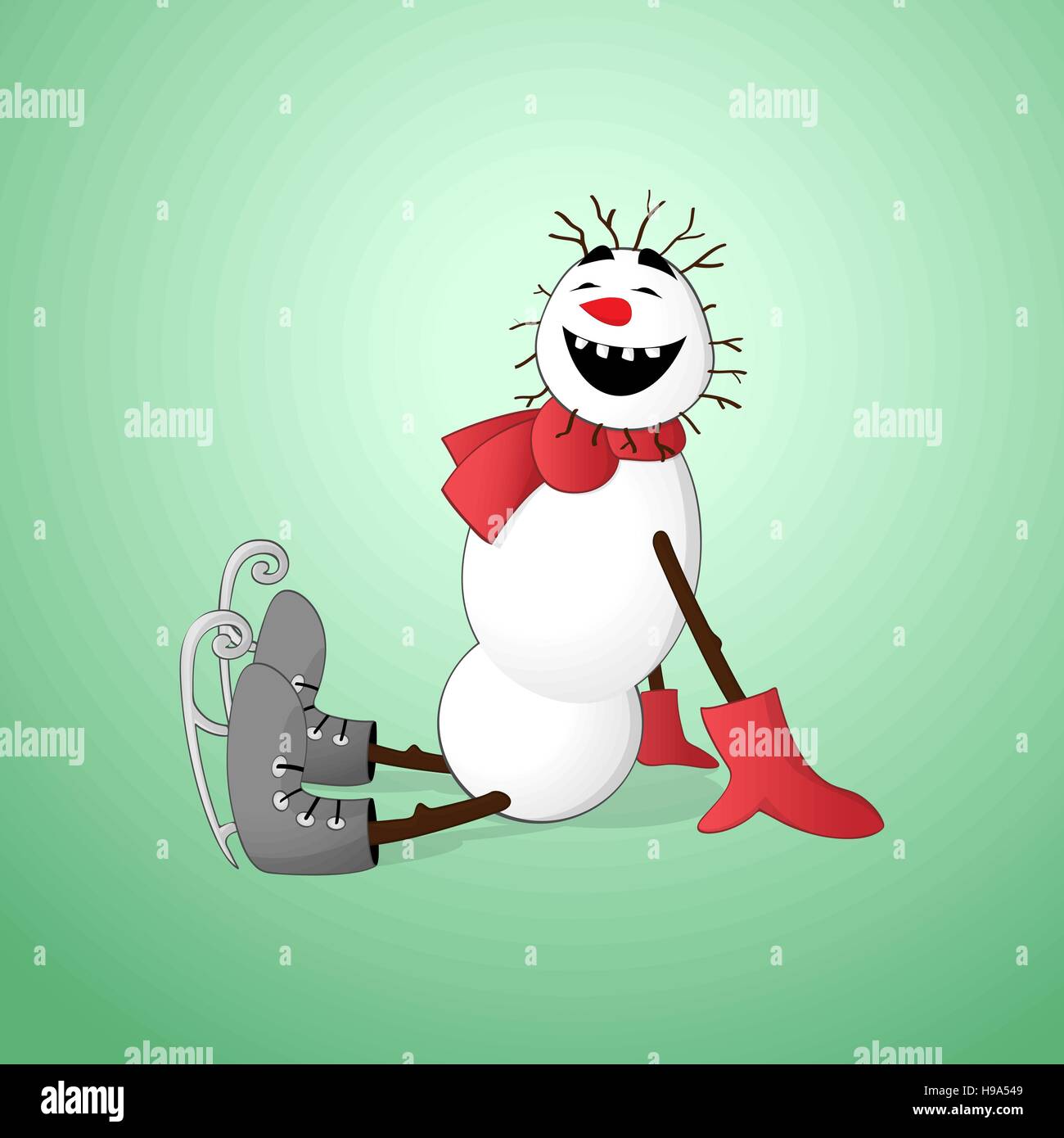 Laughing Snowman fallen on his back with figure skates on his feet ...